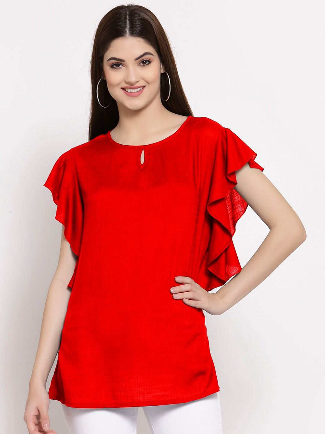Buy PATRORNA Women Red Solid Keyhole Neck Ruffles Top - Tops for Women ...