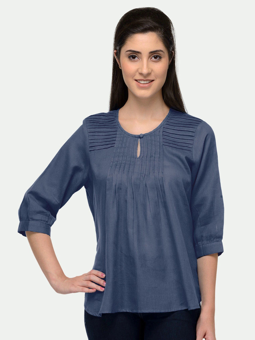 Buy PATRORNA Women Grey Keyhole Neck Pleated Top - Tops for Women ...