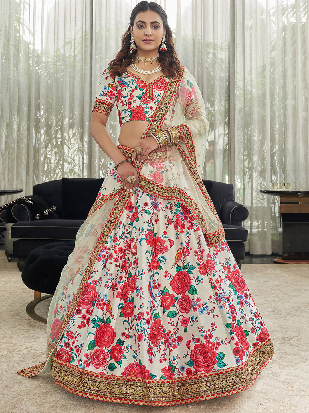 Buy FABPIXEL White & Red Printed Beads And Stones Semi Stitched Lehenga ...