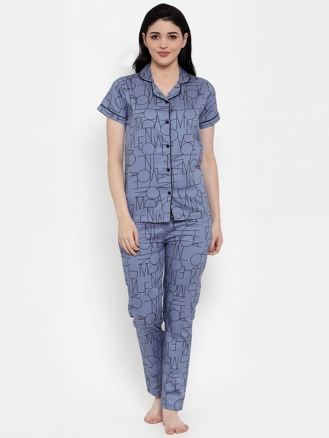 Buy Claura Women Blue & Black Printed Pure Cotton Night Suit - Night ...