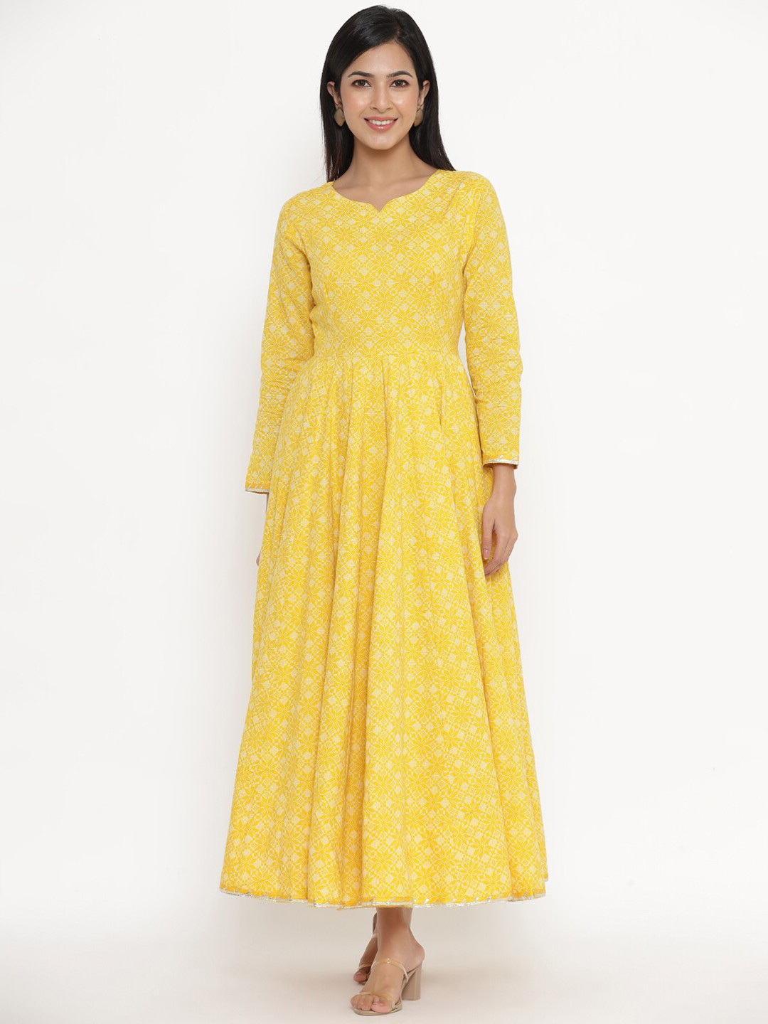 Buy Indian Virasat Women Yellow Floral Printed A Line Cotton Kurta ...
