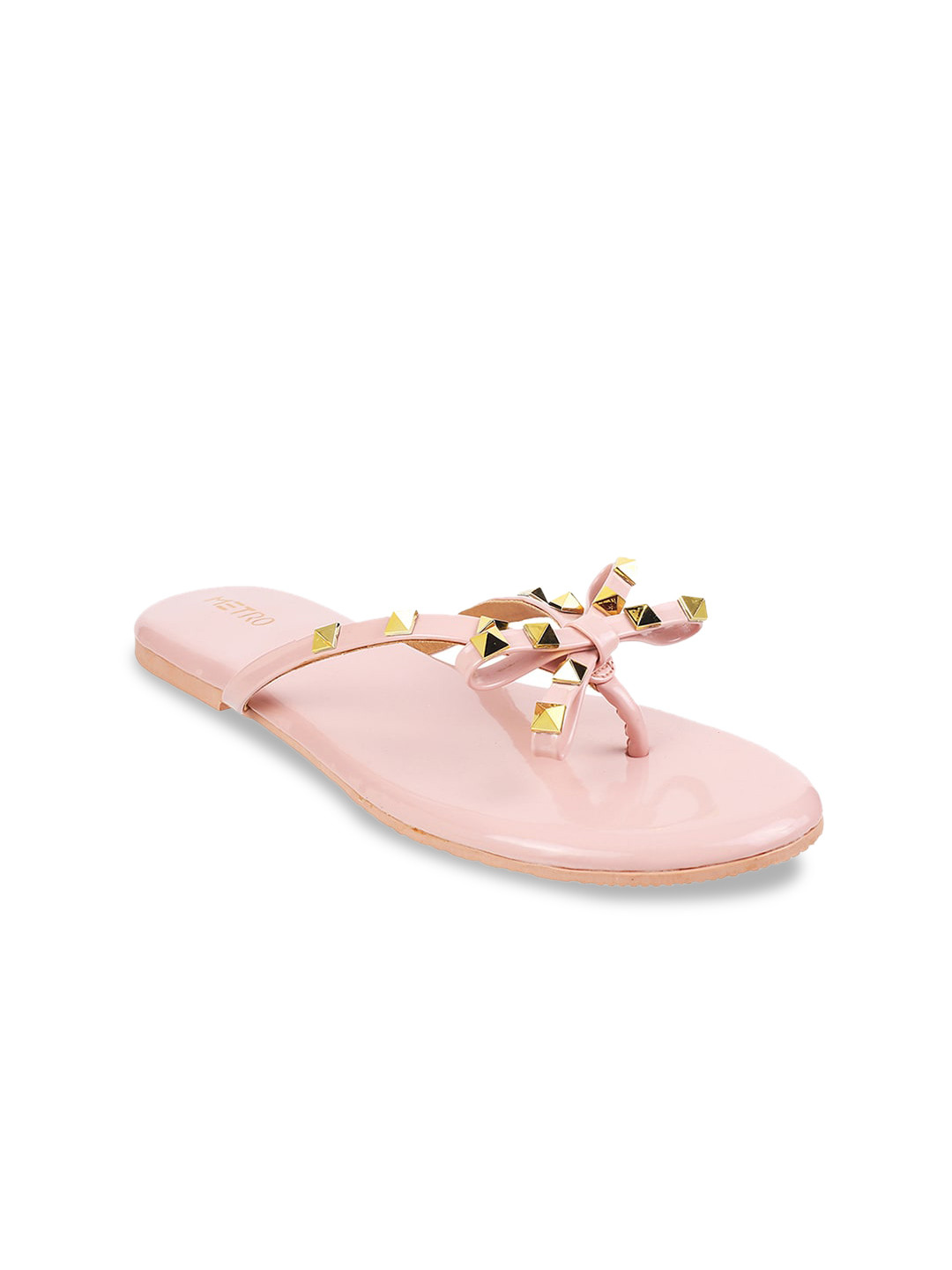 Buy Metro Women Peach Coloured Embellished T Strap Flats - Flats for ...