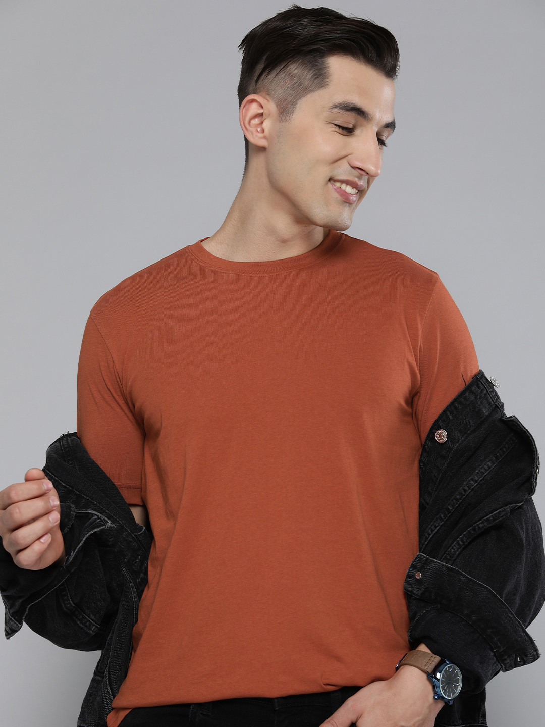 Buy HERE&NOW Men Rust Orange Solid Pure Cotton T Shirt - Tshirts for ...