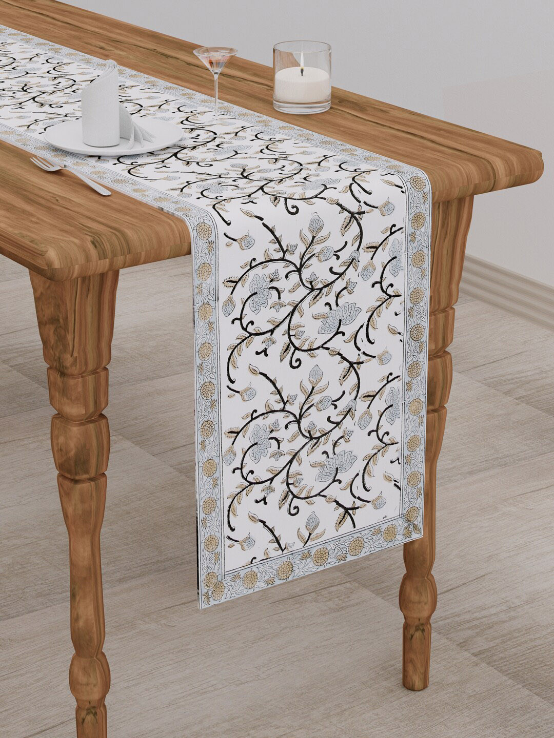 Buy Gulaab Jaipur White & Grey Floral Block Printed Table Runners ...