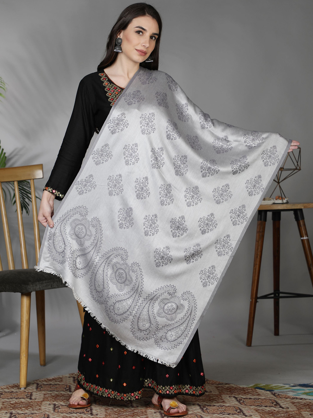 Buy Moda Chales Women Silver Coloured Ethnic Motifs Woven Design Shawl ...