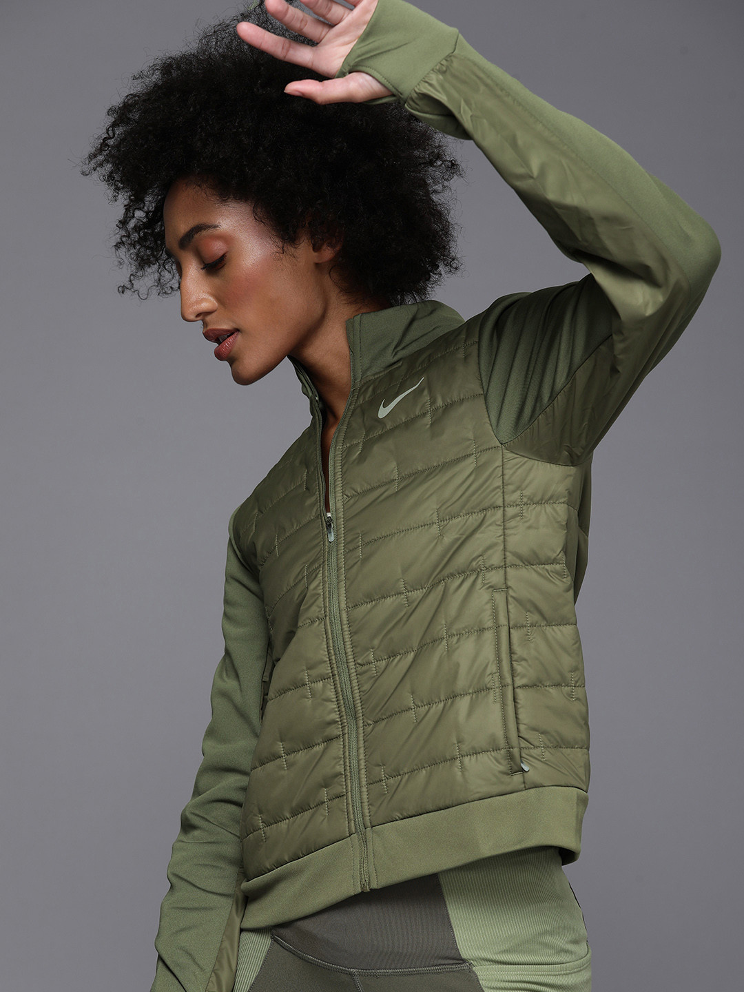 Buy Nike Women Olive Green Solid Therma FIT Synthetic Fill Running ...