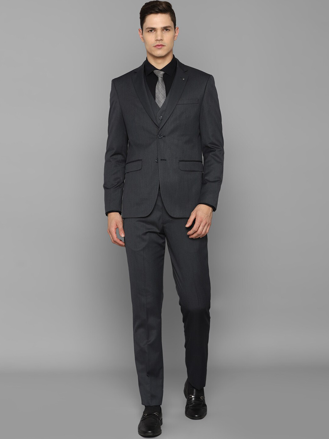 Buy Louis Philippe Men Grey Solid Slim Fit Single Breasted Three Piece ...