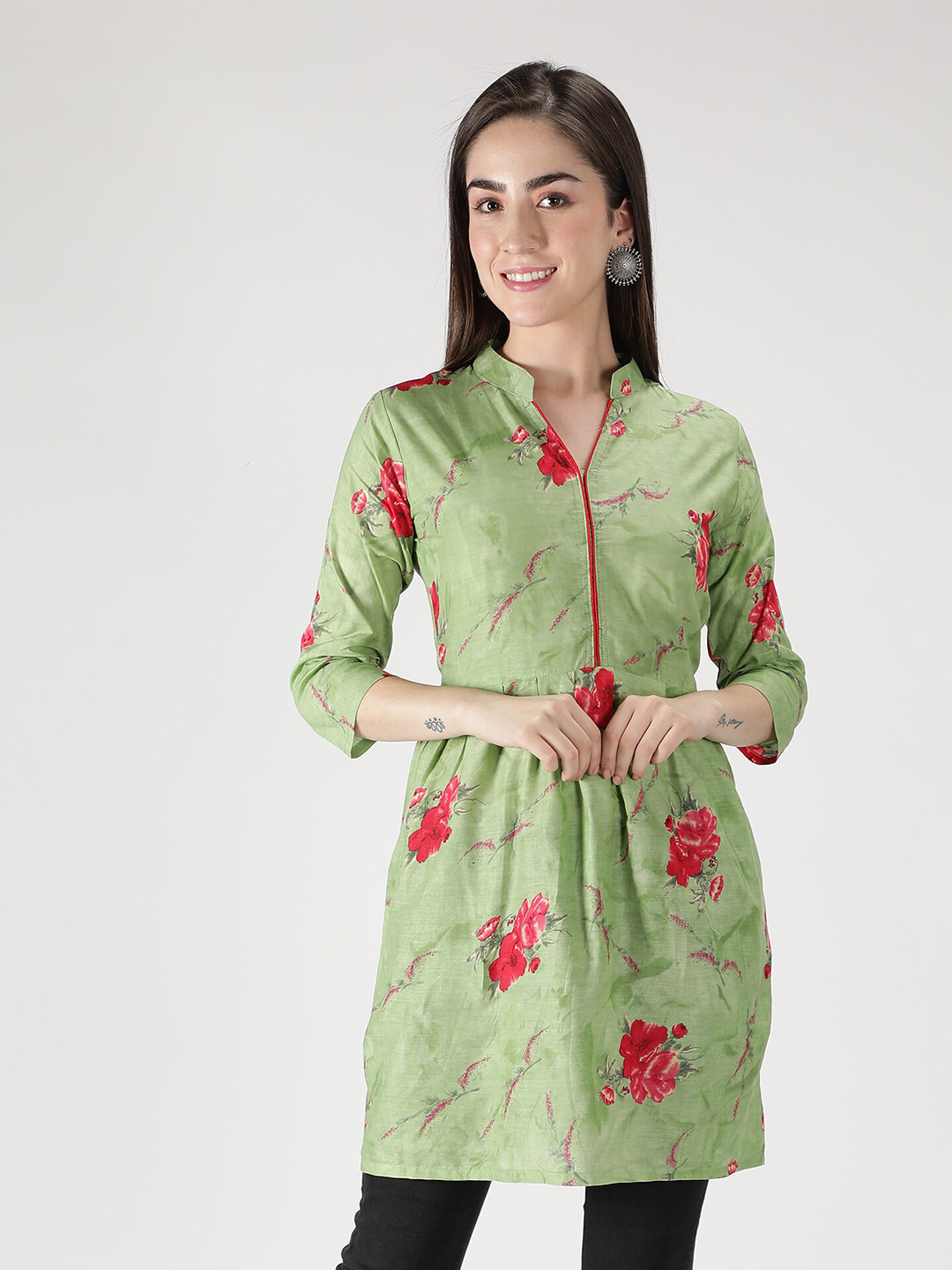 Buy Fabclub Green & Red Floral Printed Pure Cotton Pleated Kurti ...