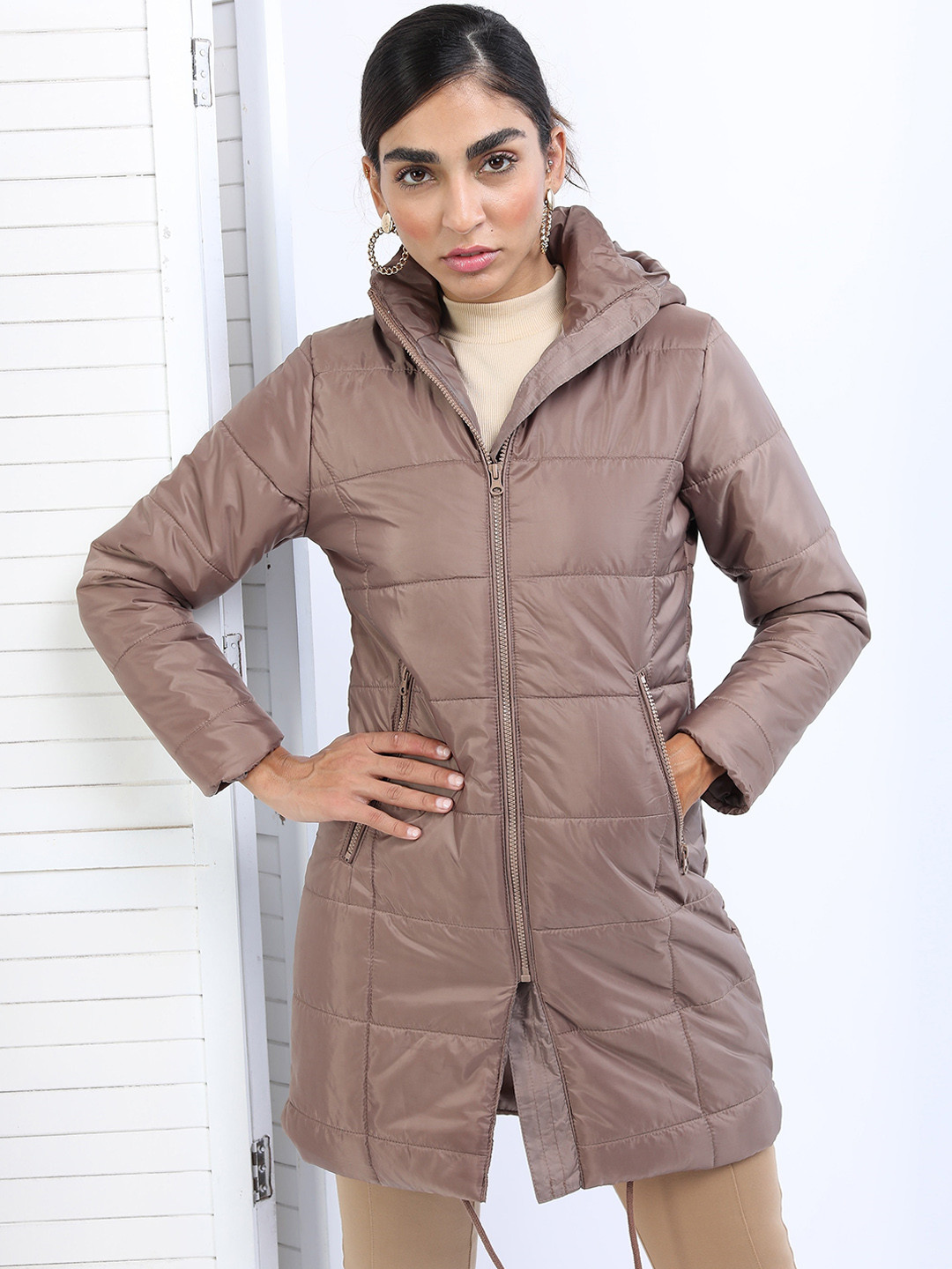 Buy Tokyo Talkies Women Brown Solid Polyester Hooded Longline Padded ...