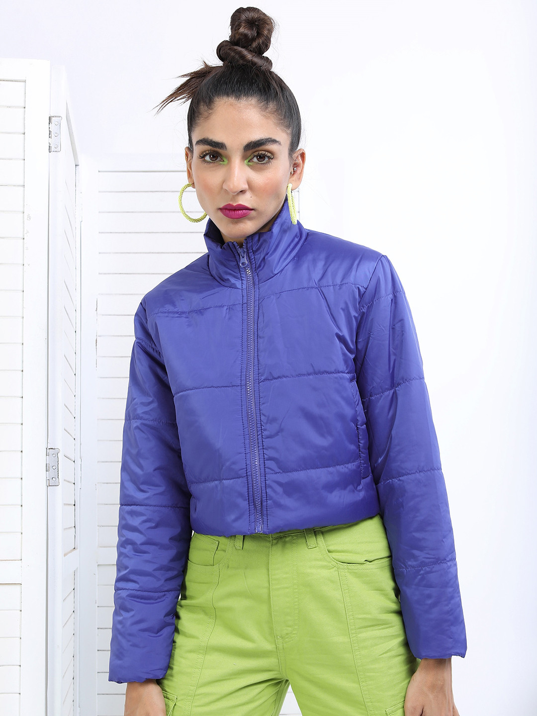 Buy Tokyo Talkies Women Blue Solid Polyester Crop Puffer Jacket ...