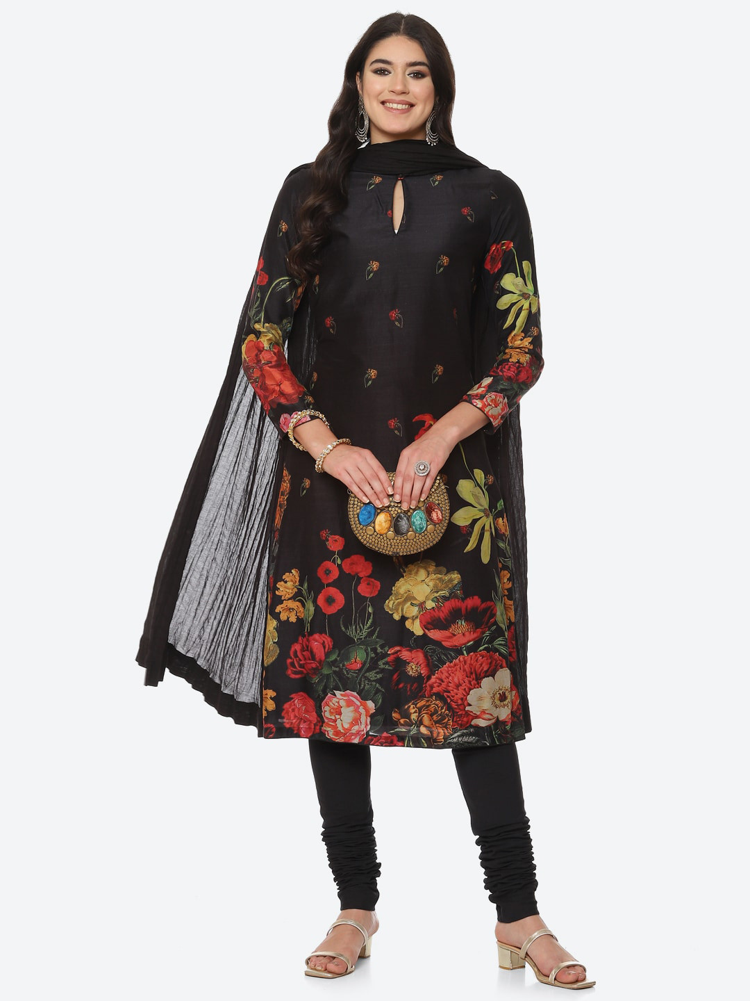 Buy Biba By Rohit Bal By Rohit Bal Women Black Printed Chanderi Silk ...