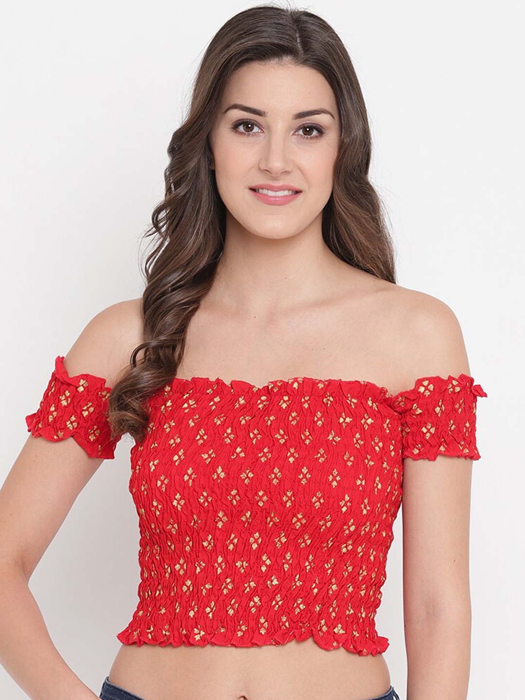 Buy Aawari Women Red Floral Print Off Shoulder Bardot Crop Top Tops