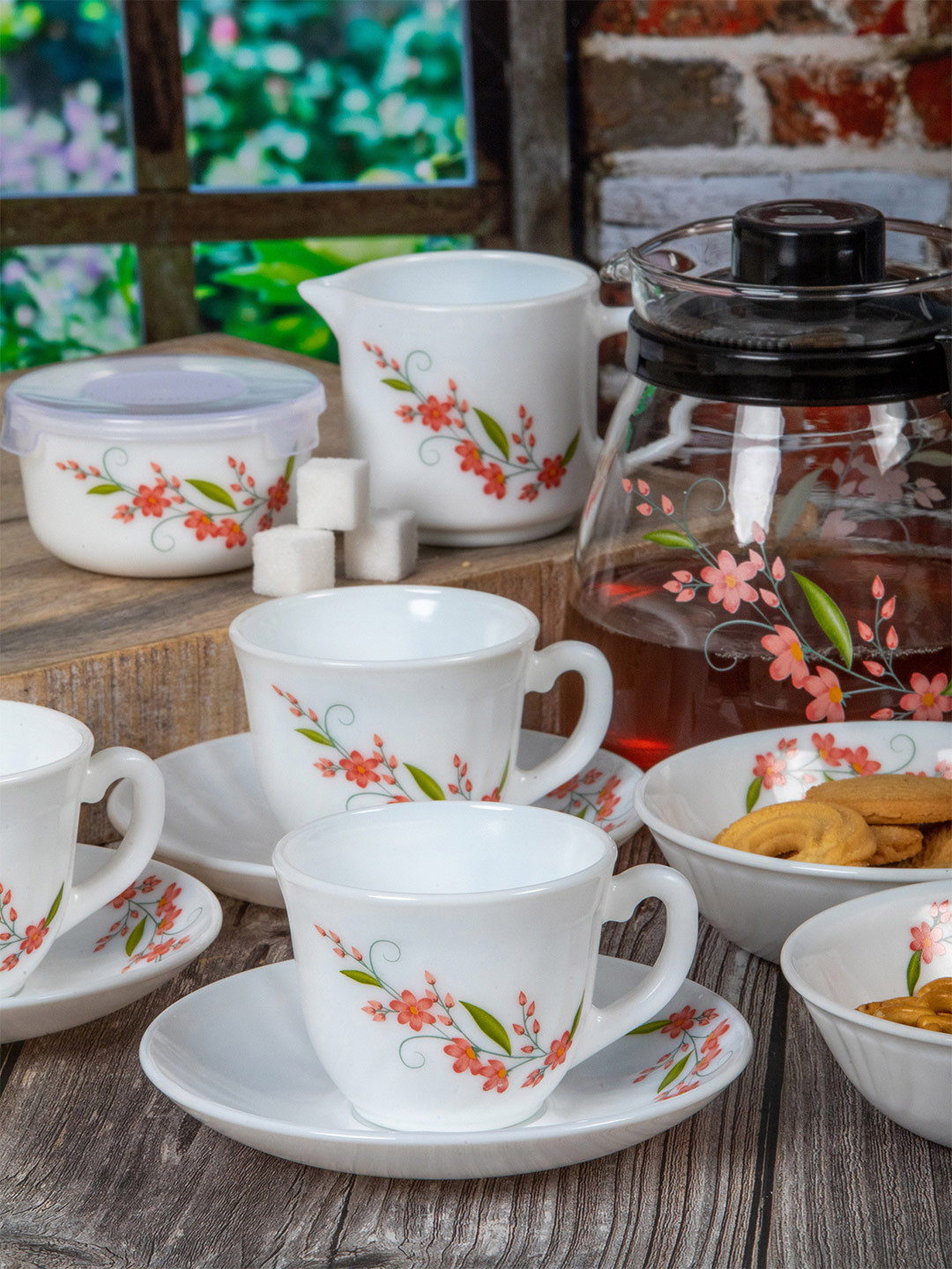 Buy Cello White & Peach Set Of 17 Dishwasher & Microwave Safe Glass ...