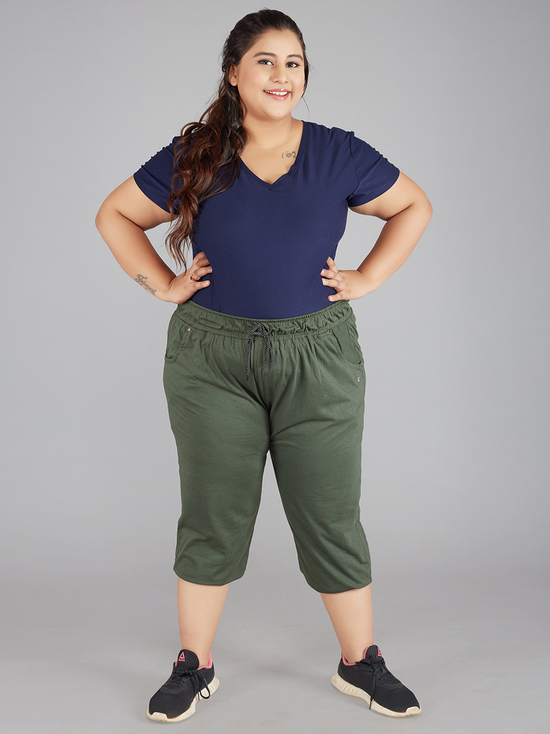 Buy CUPID Women Plus Size Olive Green Regular Fit Pure Cotton Capris ...