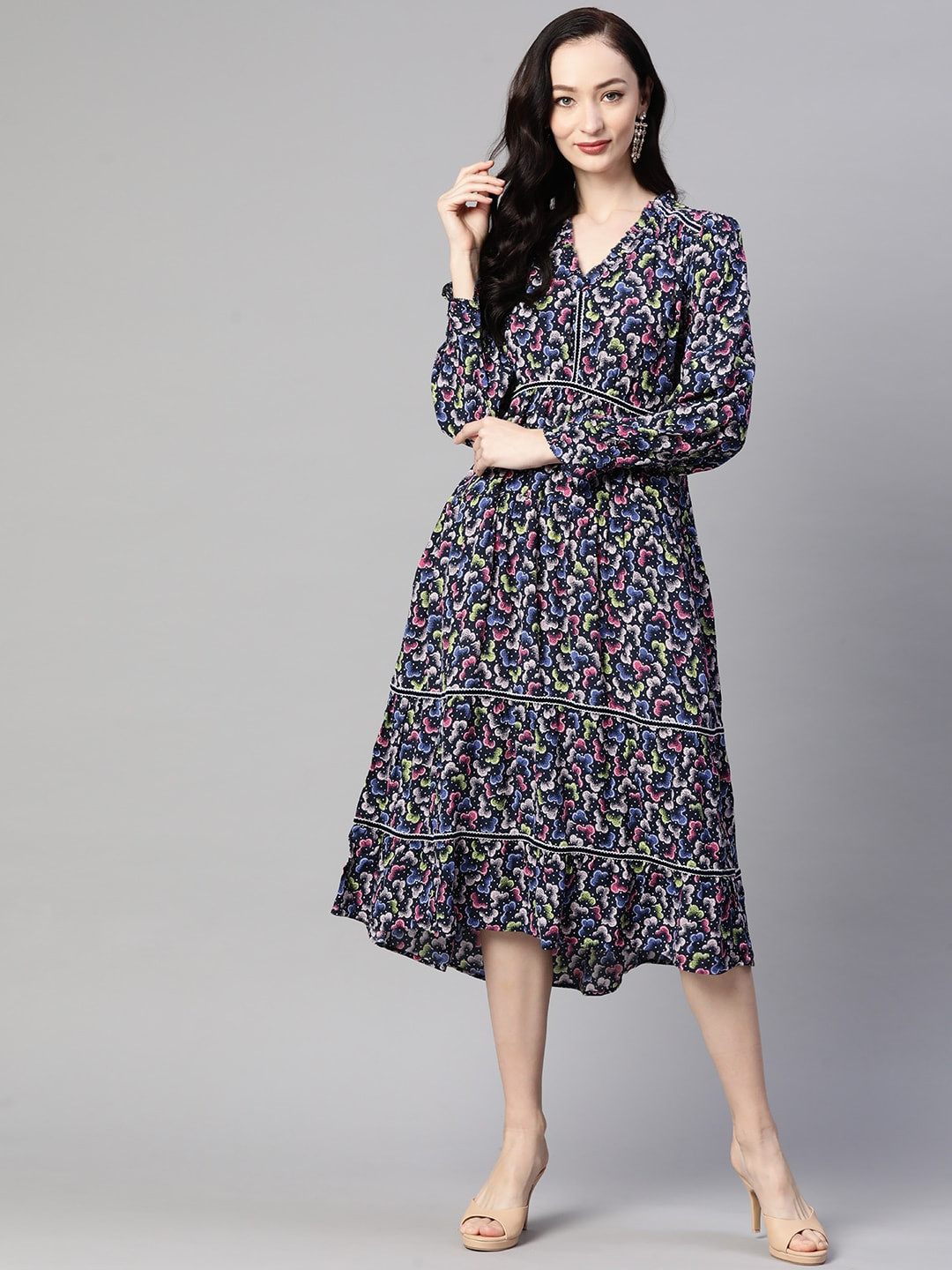 Buy Marks & Spencer Floral Printed Puff Sleeves A Line Tiered Midi ...