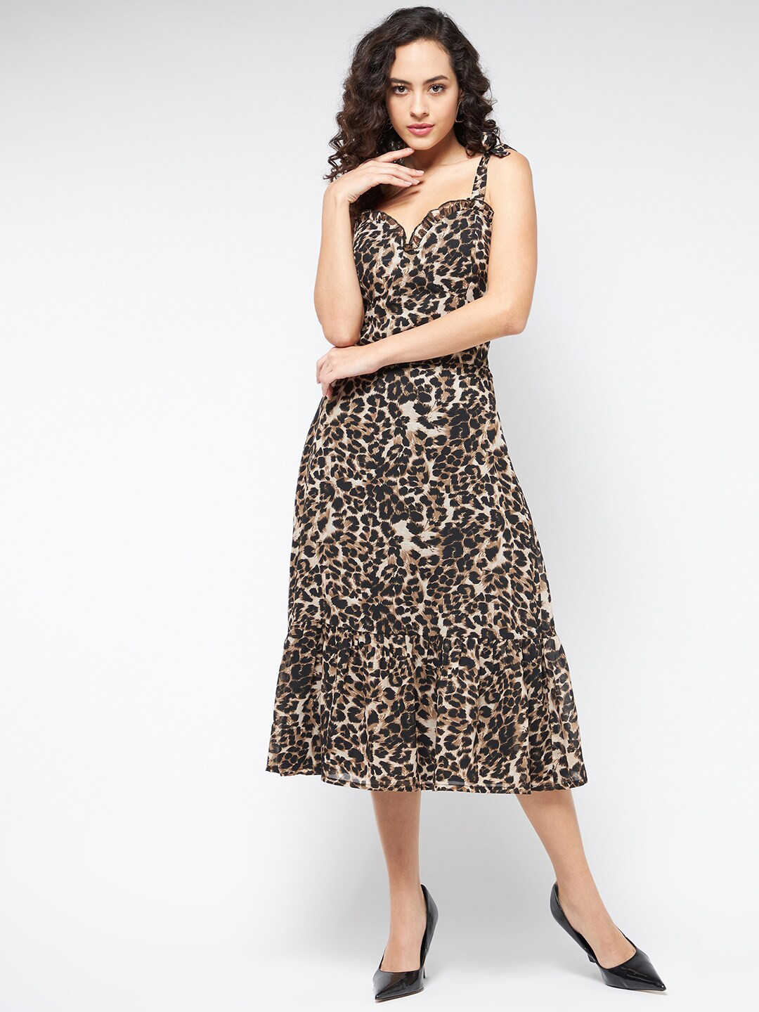 Buy MAGRE Women Brown & Beige Animal Georgette Midi Dress - Dresses for ...