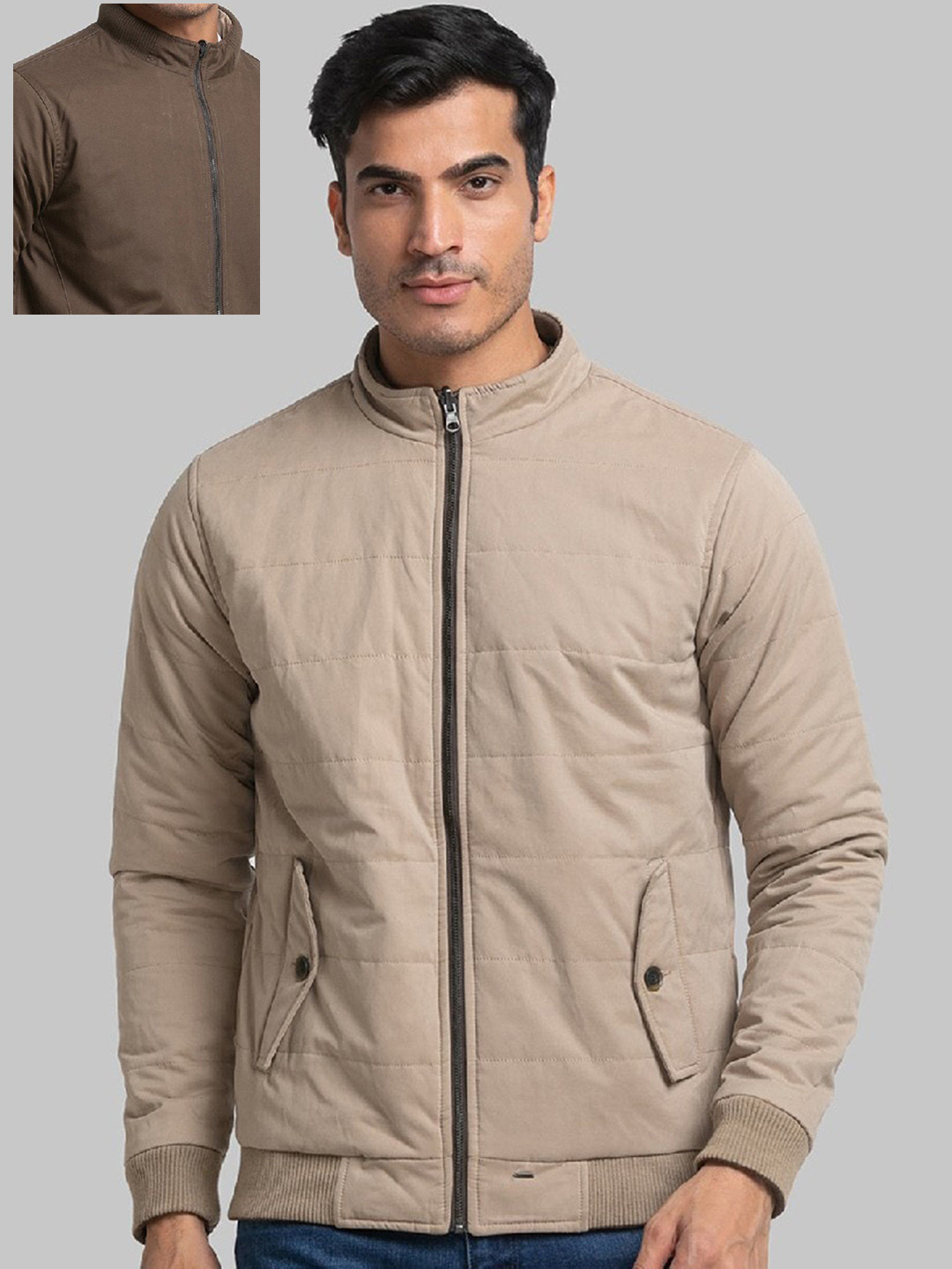 Buy Raymond Men Beige & Brown Reversible Bomber Jacket - Jackets for ...
