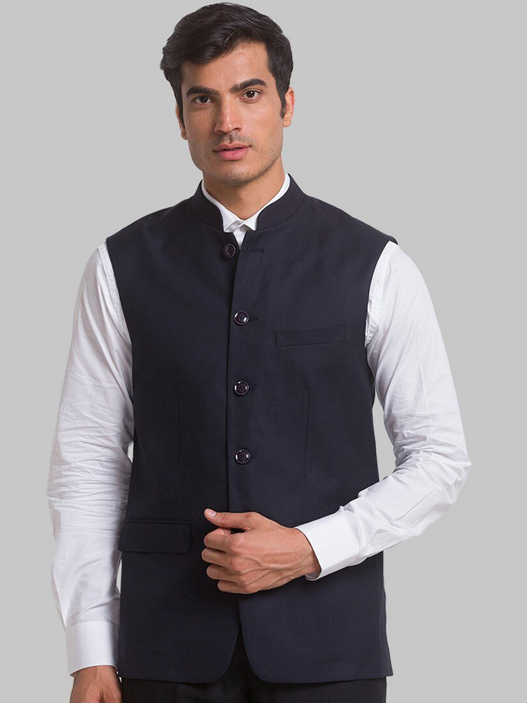 Buy Park Avenue Men Navy Blue Solid Slim Fit Nehru Jacket - Nehru ...