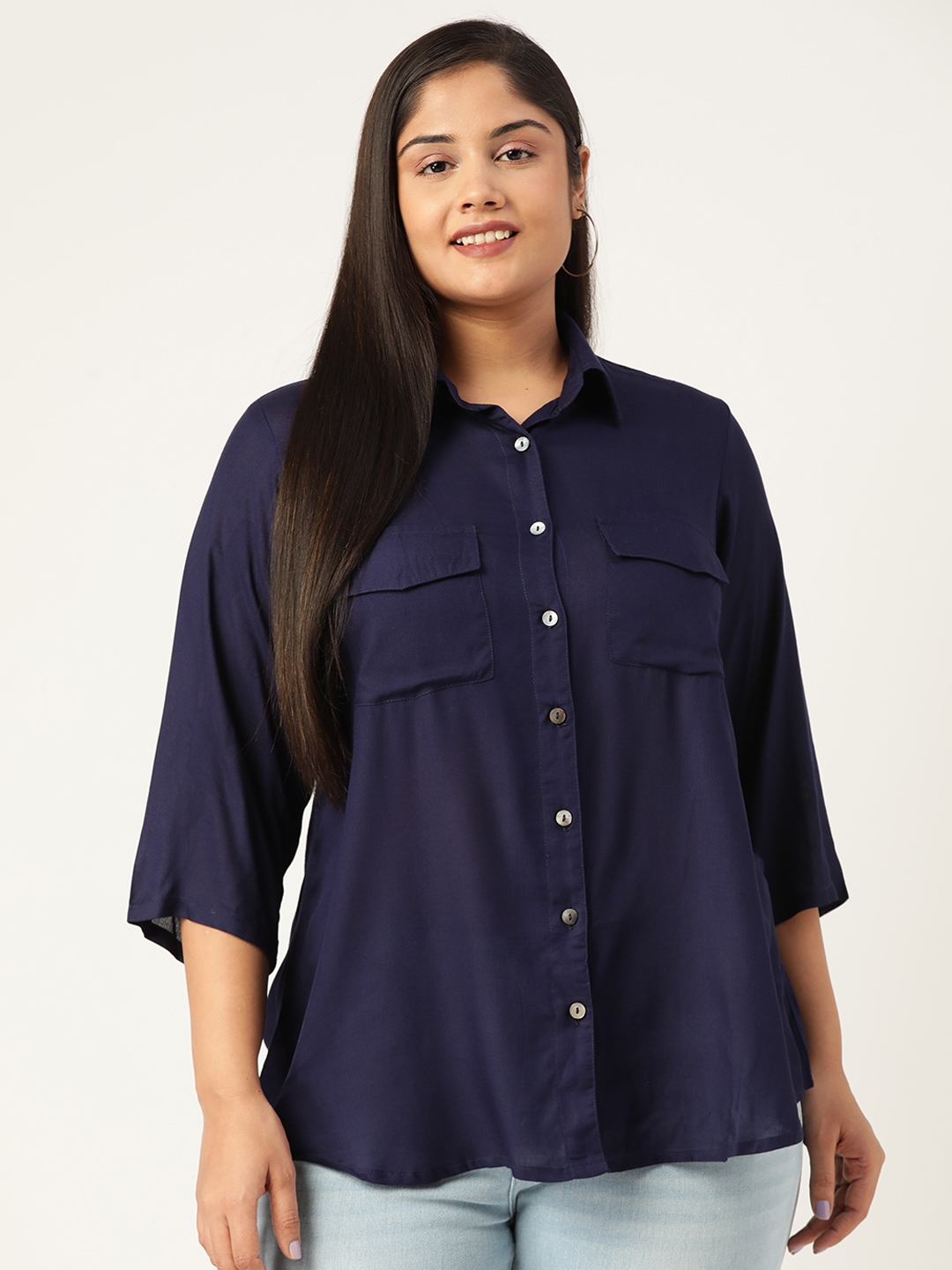 Buy TheRebelinme Women Plus Size Navy Blue Solid Casual Shirt - Shirts ...