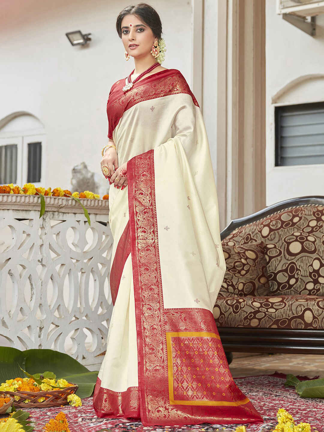 Buy Saree Mall Off White & Red Zari Silk Blend Banarasi Sarees - Sarees ...