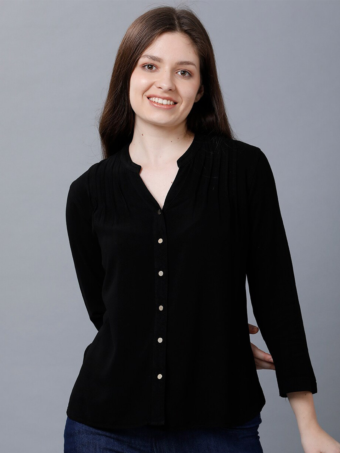 Buy IDENTITI Women Black Mandarin Collar Shirt Style Top - Tops for ...