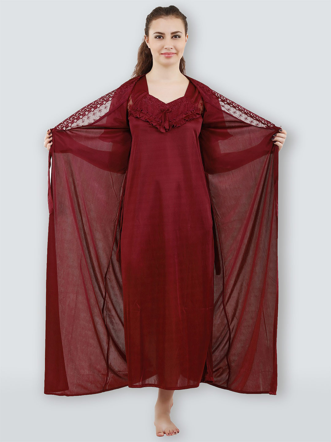 Buy Romaisa Women Maroon Solid Lace Detail 2 Piece Satin Maxi Wrap ...