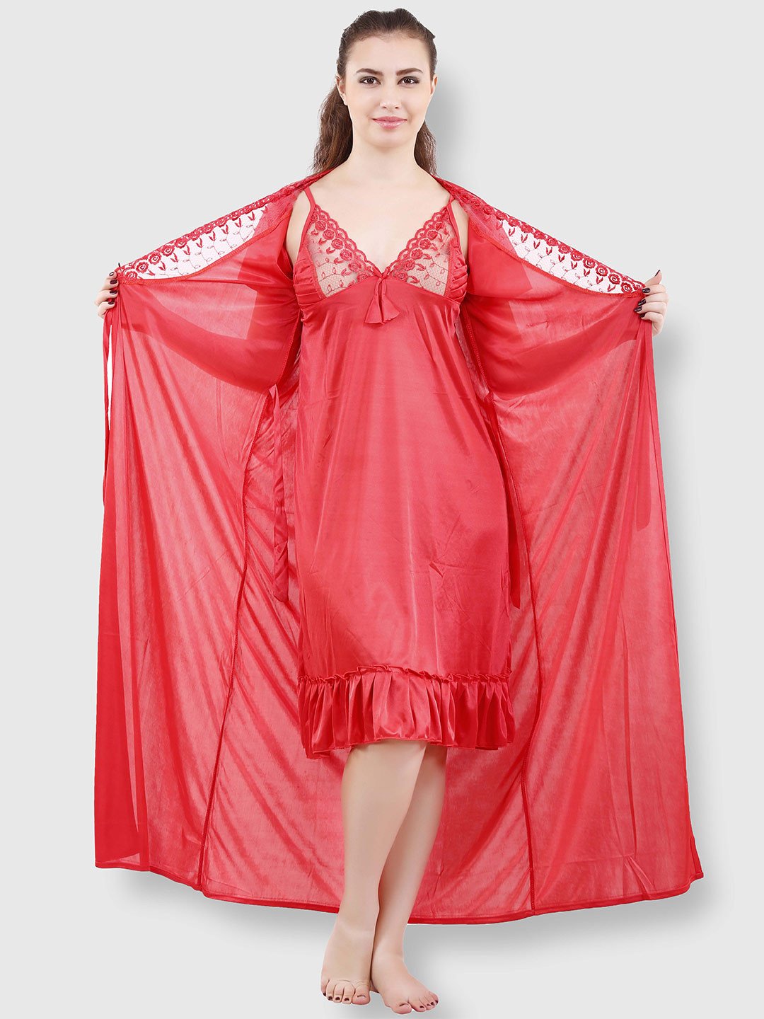 Buy Romaisa Women Red Solid Lace Detail 2 Piece Satin Maxi Wrap ...