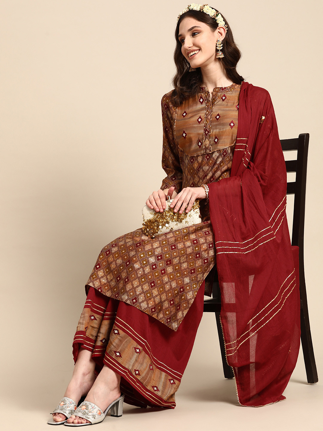 Buy Sangria Women Beige Printed Thread Work Kurta With Sharara & Dupatta - Kurta Sets for Women ...