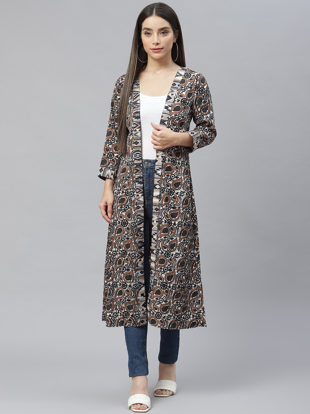 Buy Cottinfab Women White & Black Ethnic Motifs Printed Front Open ...