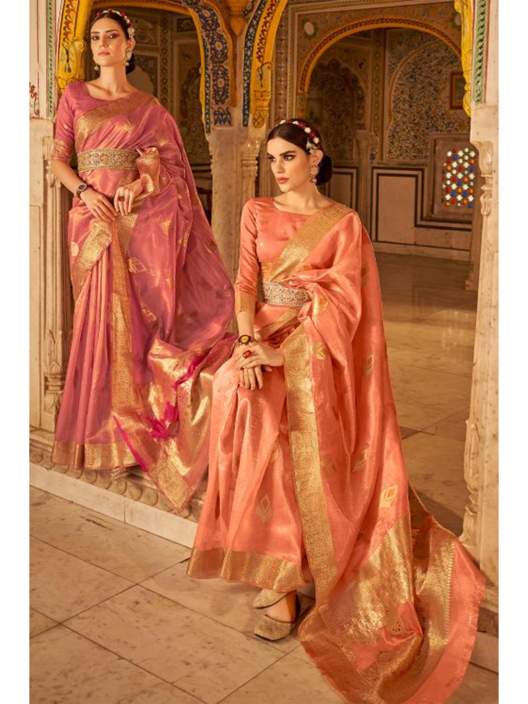 Buy KARAGIRI Pink & Gold Toned Ethnic Motifs Banarasi Silk Saree ...