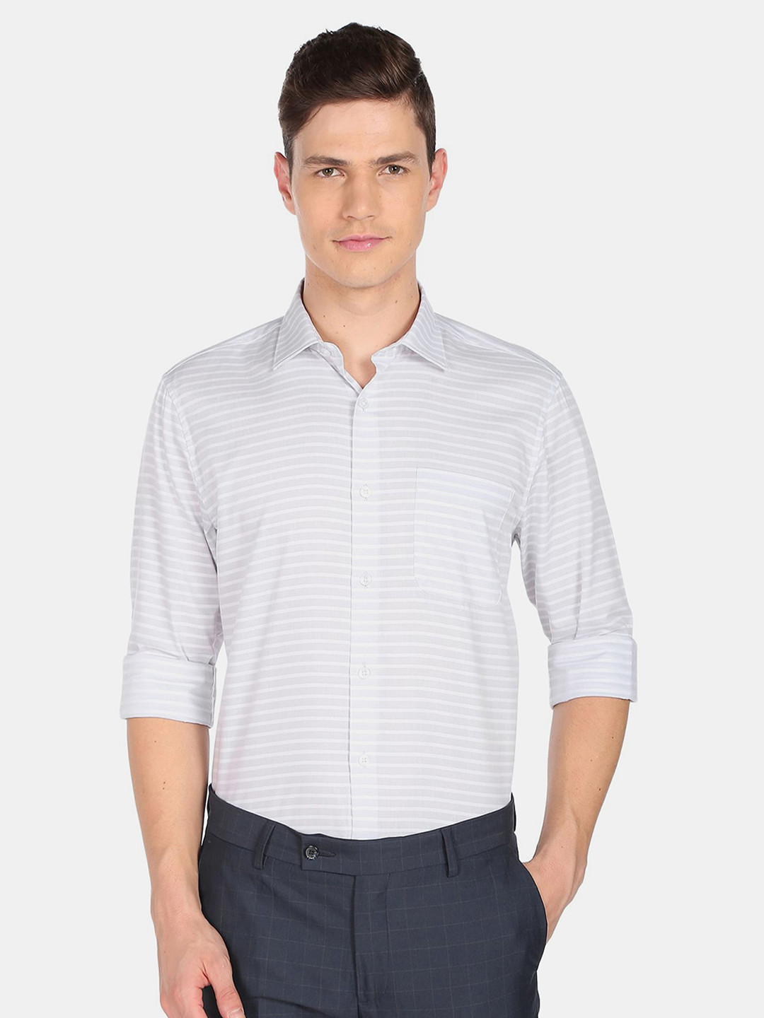 Buy AD By Arvind Men White Horizontal Striped Pure Cotton Formal Shirt ...
