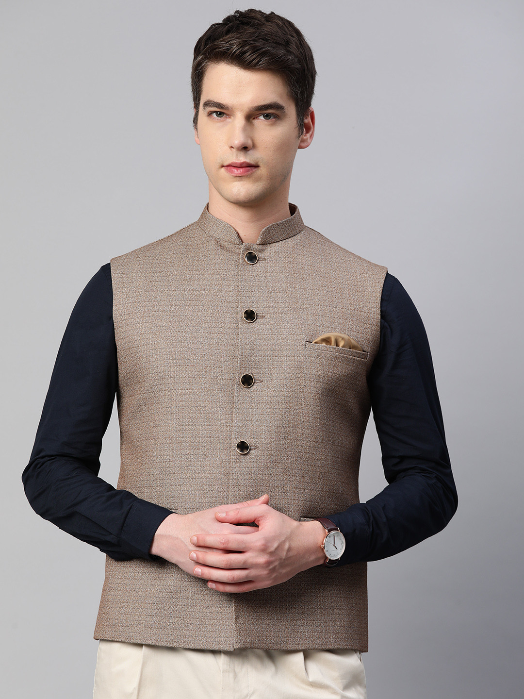 Buy ESSAS Club Men Khaki Woven Design Formal Nehru Jacket - Nehru ...