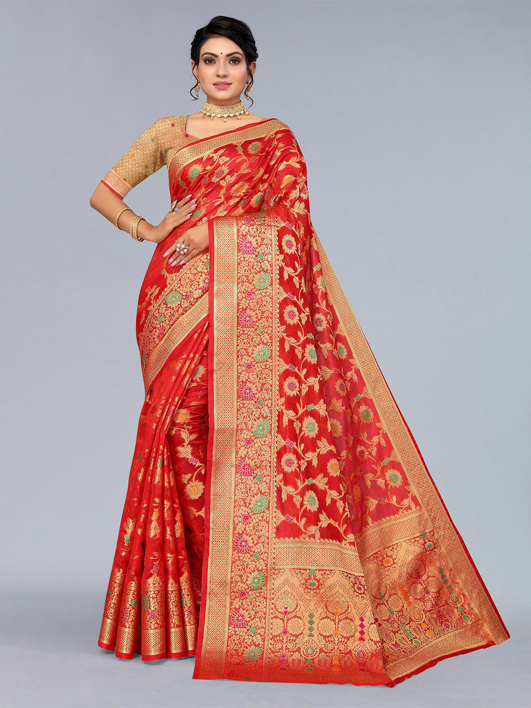 Buy Mitera Red & Gold Toned Woven Design Zari Organza Saree - Sarees ...