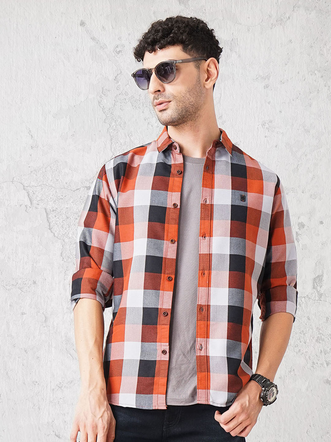 Buy The Indian Garage Co Men Rust Red & Black Checked Pure Cotton ...