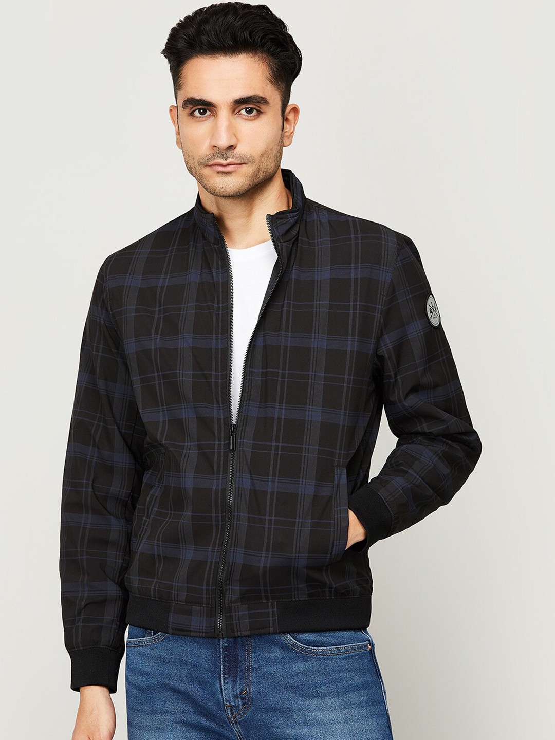 Buy Bossini Men Navy Blue Checked Bomber Jacket - Jackets for Men ...