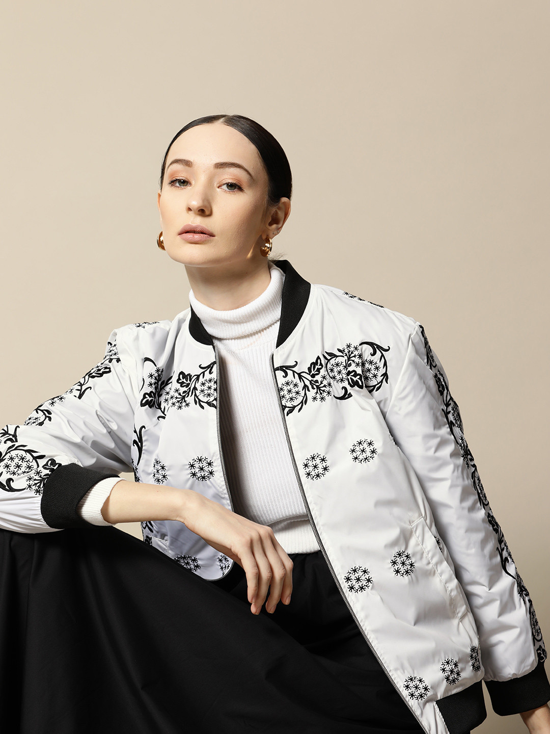 Buy BOWER Women White & Black Ethnic Embroidered Bomber Jacket ...