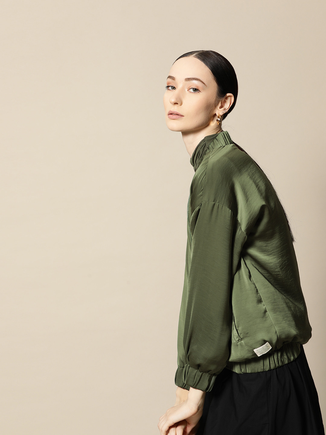 Buy BOWER Women Olive Green Solid Bomber Jacket - Jackets for Women ...