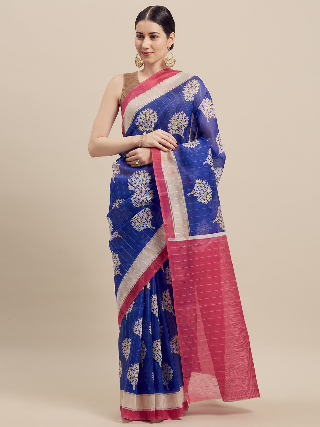 Buy Florence Blue & Red Ethnic Motifs Printed Art Silk Saree - Sarees ...