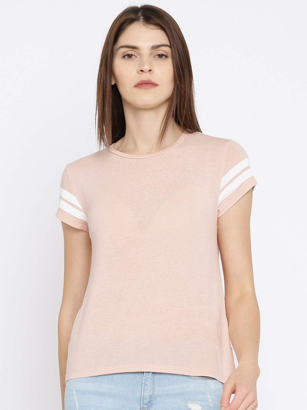 Buy ONLY Women Peach Coloured Solid Round Neck T Shirt - Tshirts for ...