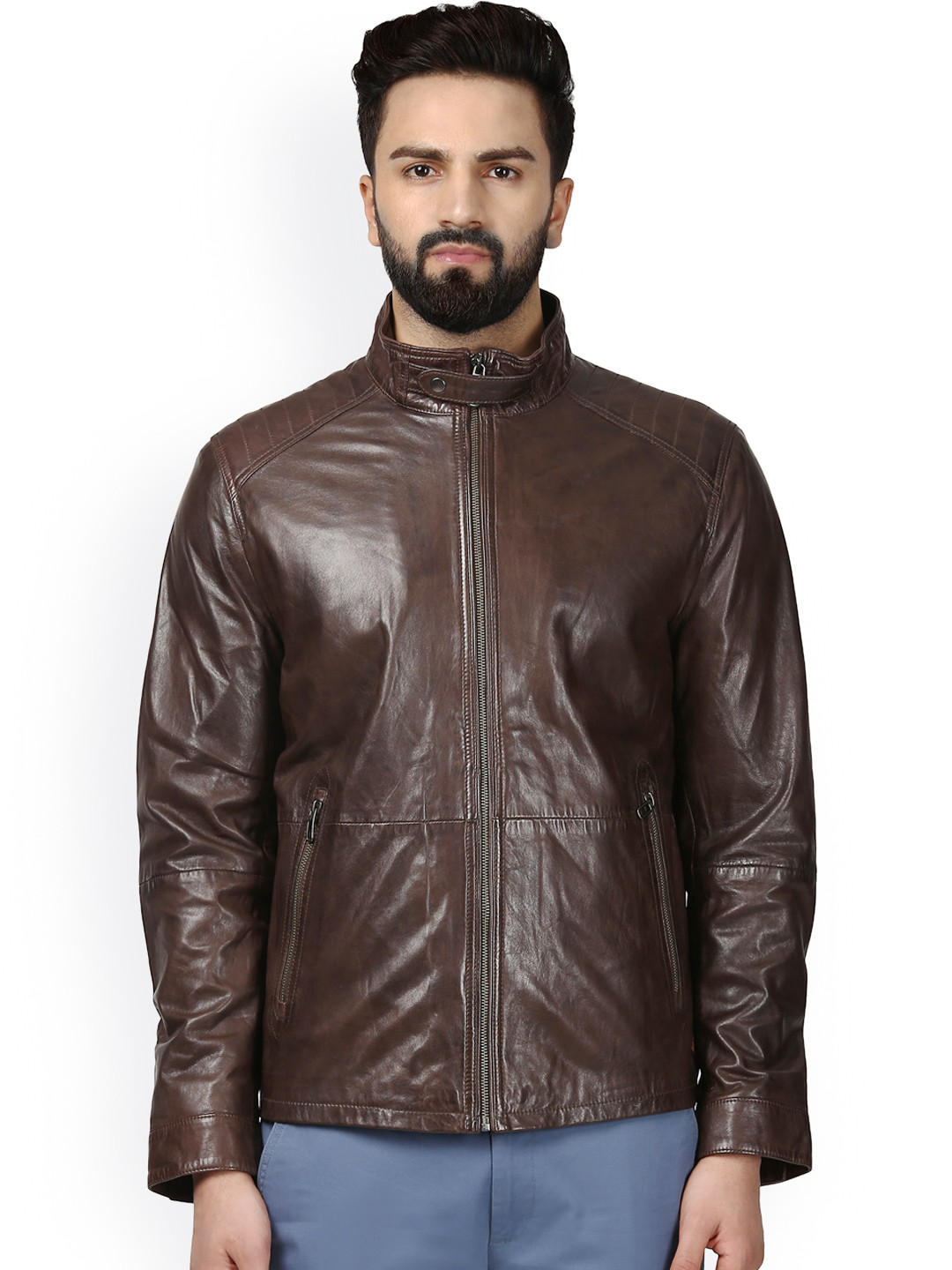 Buy Raymond Men Brown Solid Leather Bomber - Jackets for Men 2013812 ...