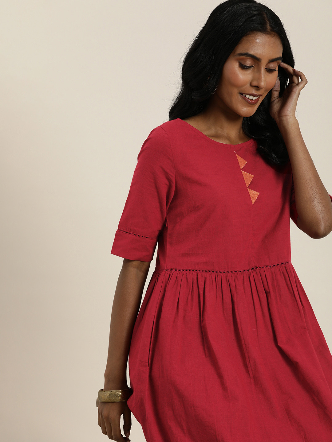 Buy Taavi Solid Woven Legacy Pure Cotton Fit & Flare Dress With Zari ...