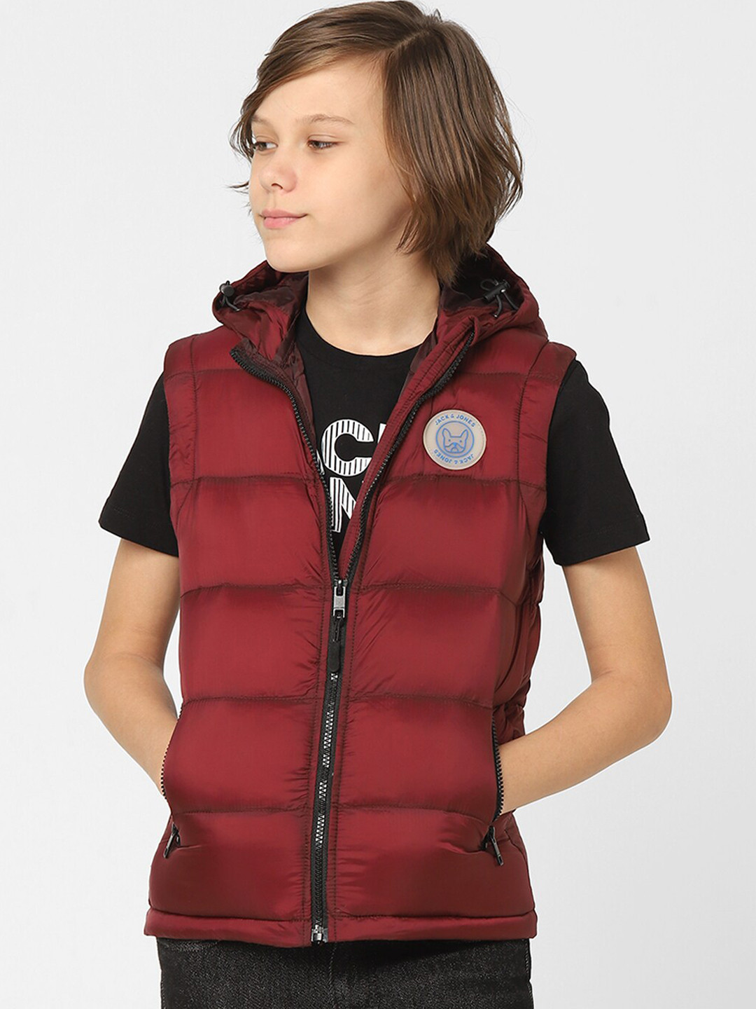 Buy Jack & Jones Junior Boys Maroon Sleeveless Hooded Puffer Jacket ...