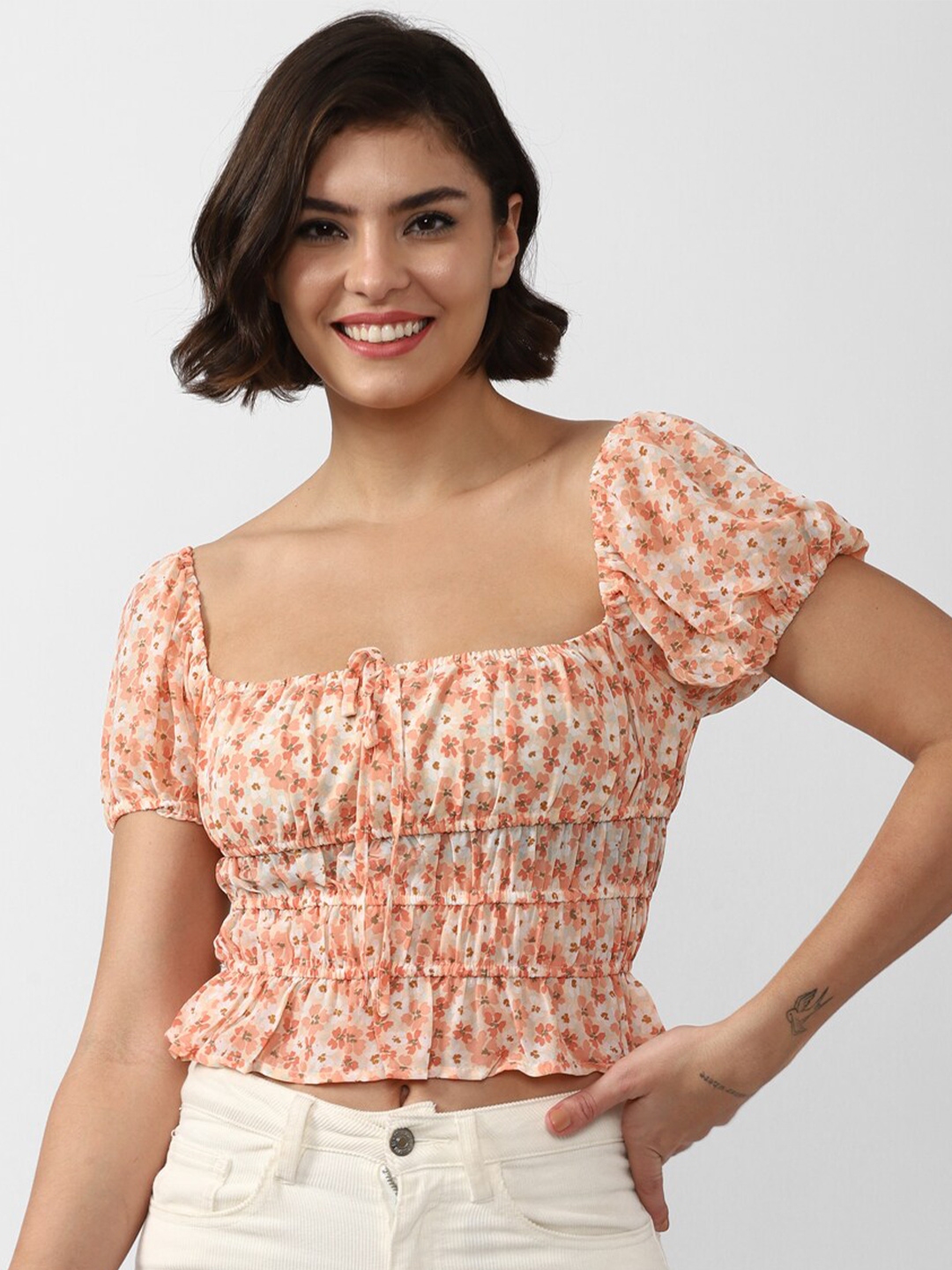 Buy Forever 21 Peach Coloured Floral Print Crop Top Tops For Women