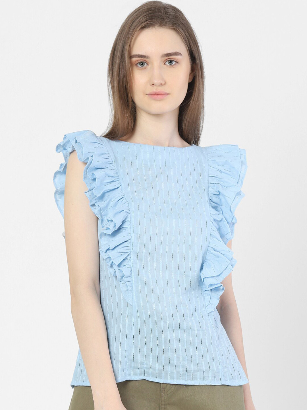 Buy Vero Moda Turquoise Blue Striped Ruffles Top - Tops for Women ...