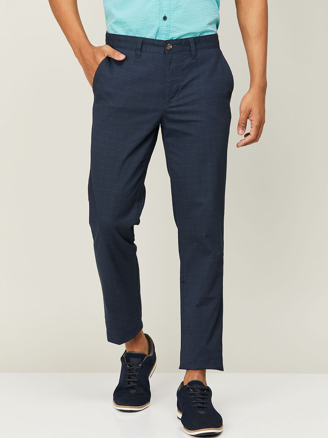 Buy CODE By Lifestyle Men Navy Blue Checked Slim Fit Trousers ...