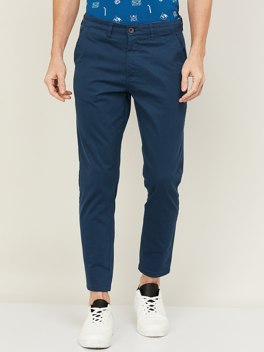 Buy CODE By Lifestyle Men Teal Blue Solid Slim Fit Cotton Chinos ...