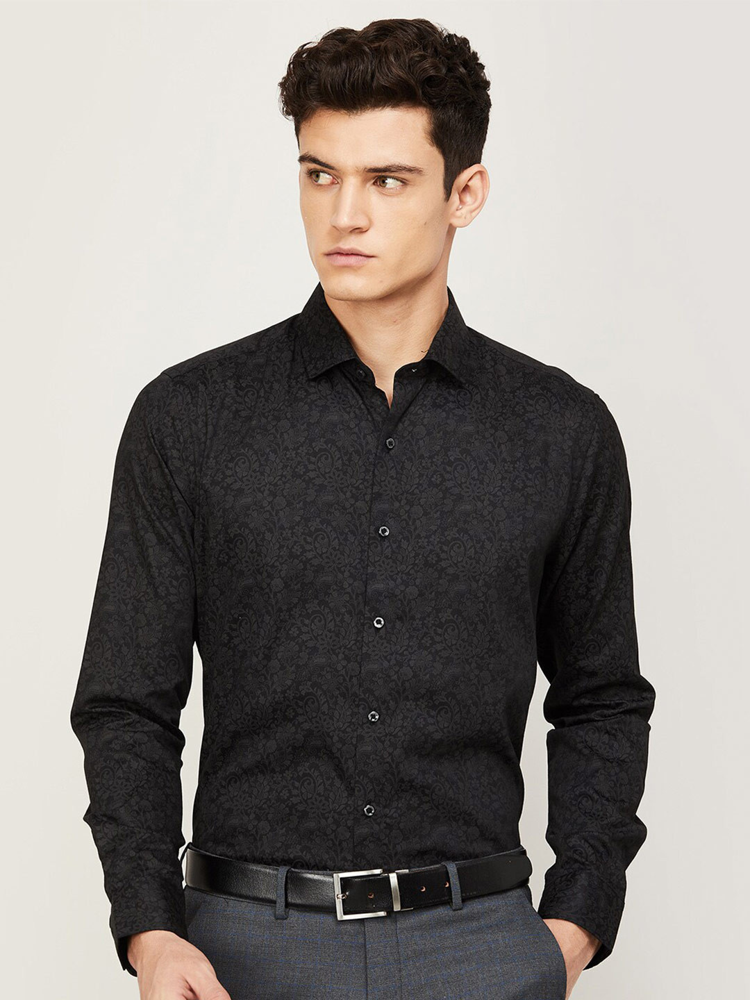 Buy CODE By Lifestyle Men Black Slim Fit Floral Printed Formal Shirt ...