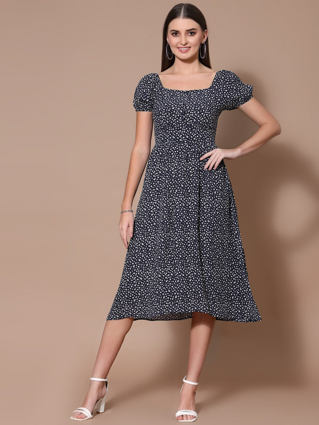 Buy Strong And Brave Women Odour Free Navy Blue Floral Crepe Midi Dress ...