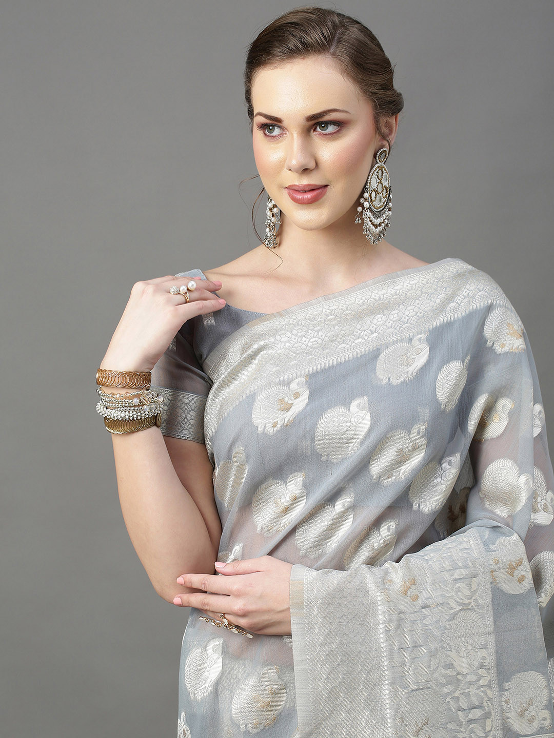 Buy Mitera Grey & Silver Toned Woven Design Zari Silk Cotton Saree ...