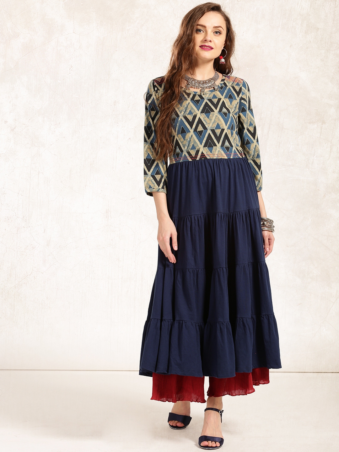 Buy Anouk Women Navy Blue & Beige Yoke Design Tiering A Line Kurta ... Buy Anouk Women Navy Blue & Beige Yoke Design Tiering A Line Kurta ...